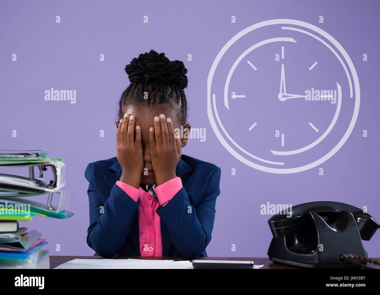 Digital composite of Office kid girl thinking against purple background ...