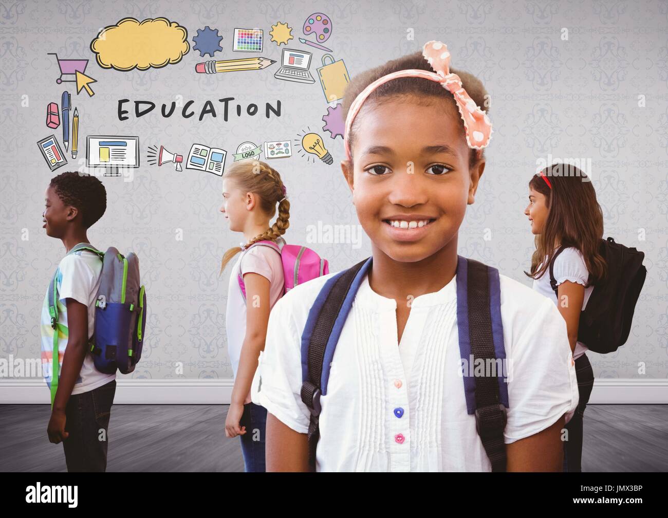 Digital composite of Group of kids with bags in room and education ...