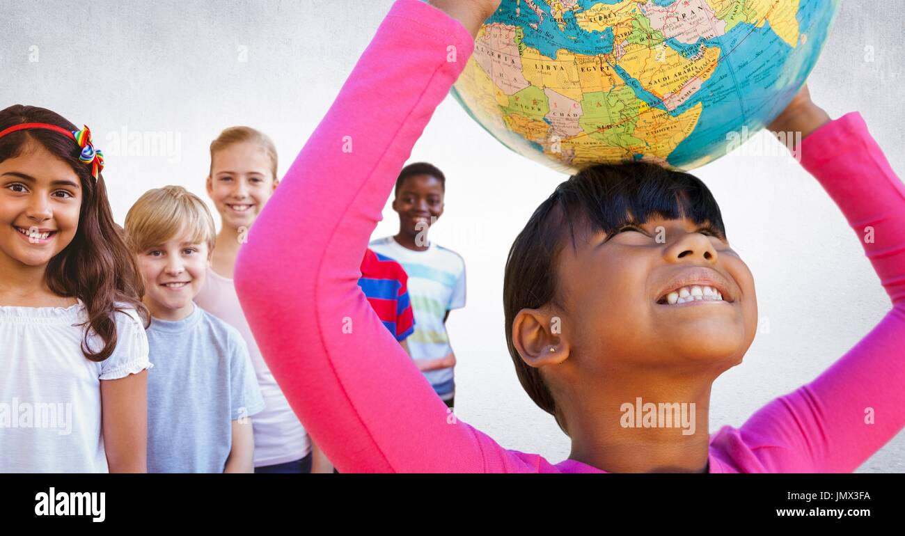 Digital composite of Multinational and multicultural kids holding world ...