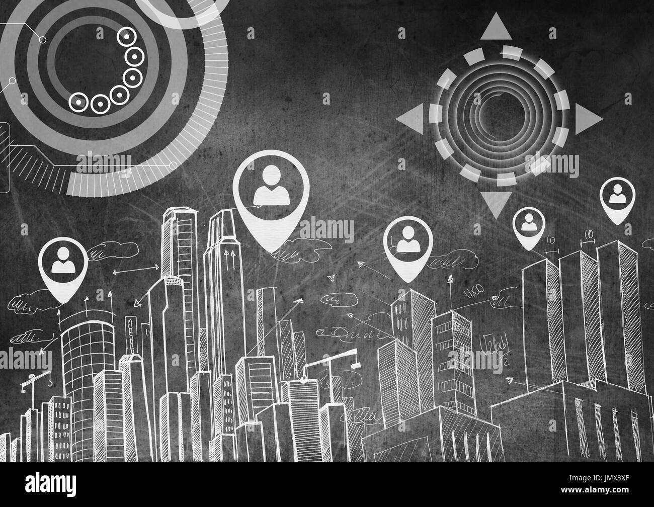 Digital composite of City with icons of people marker location pointers ...