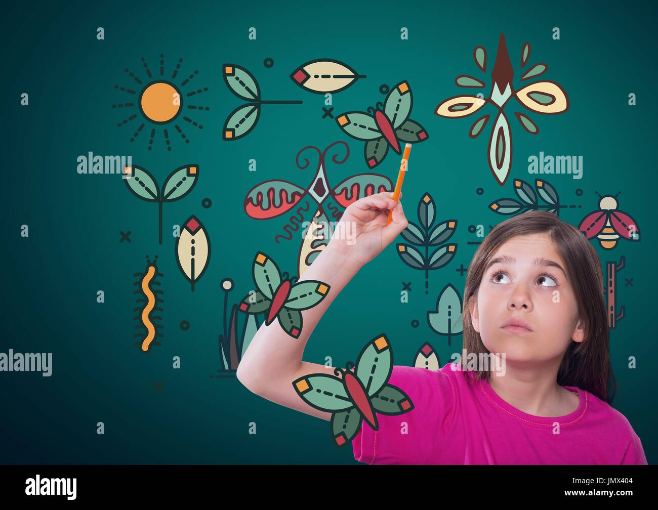 Digital composite of Girl writing in front of green blank background ...