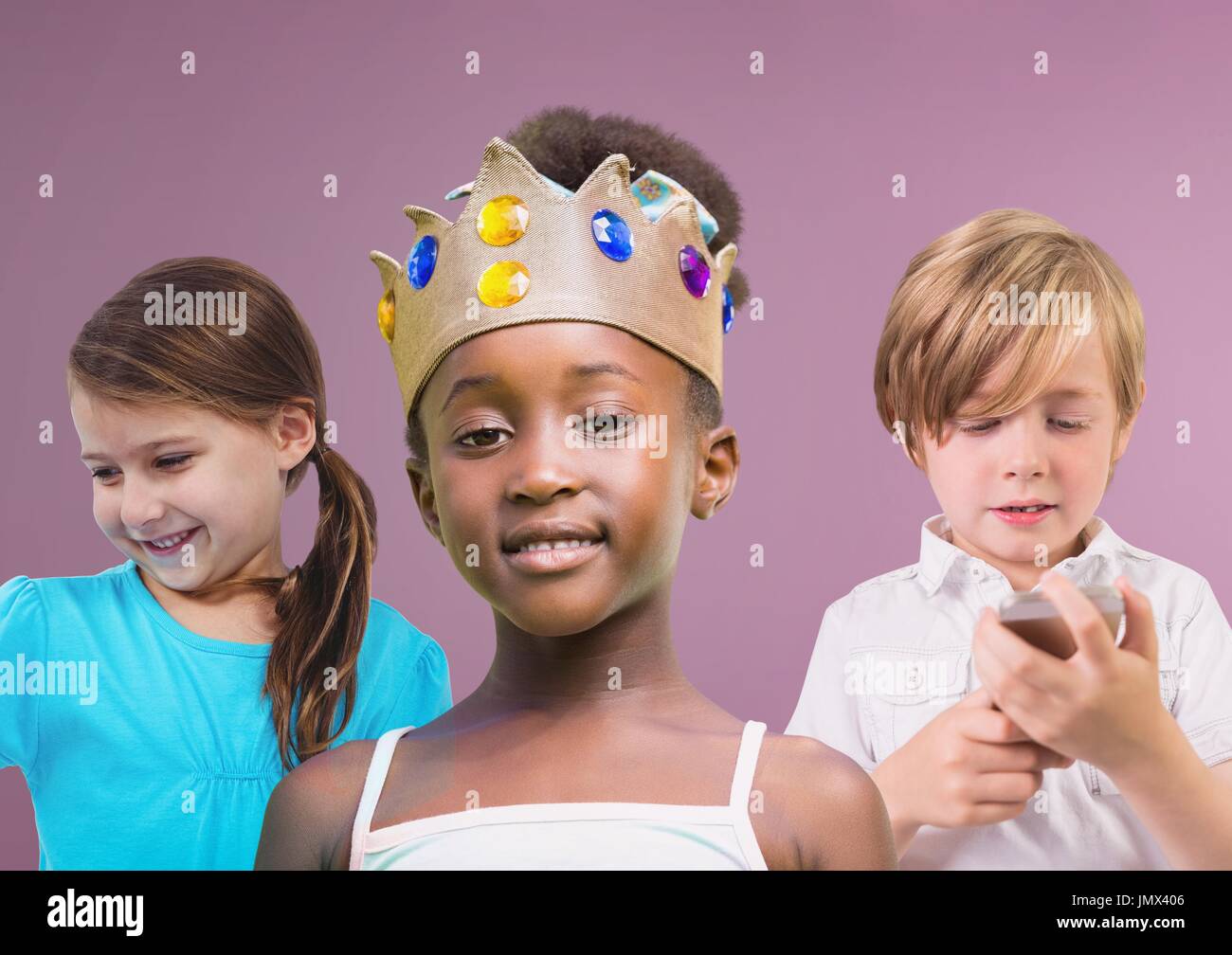 Digital composite of Girl wearing crown with friends in front of purple ...