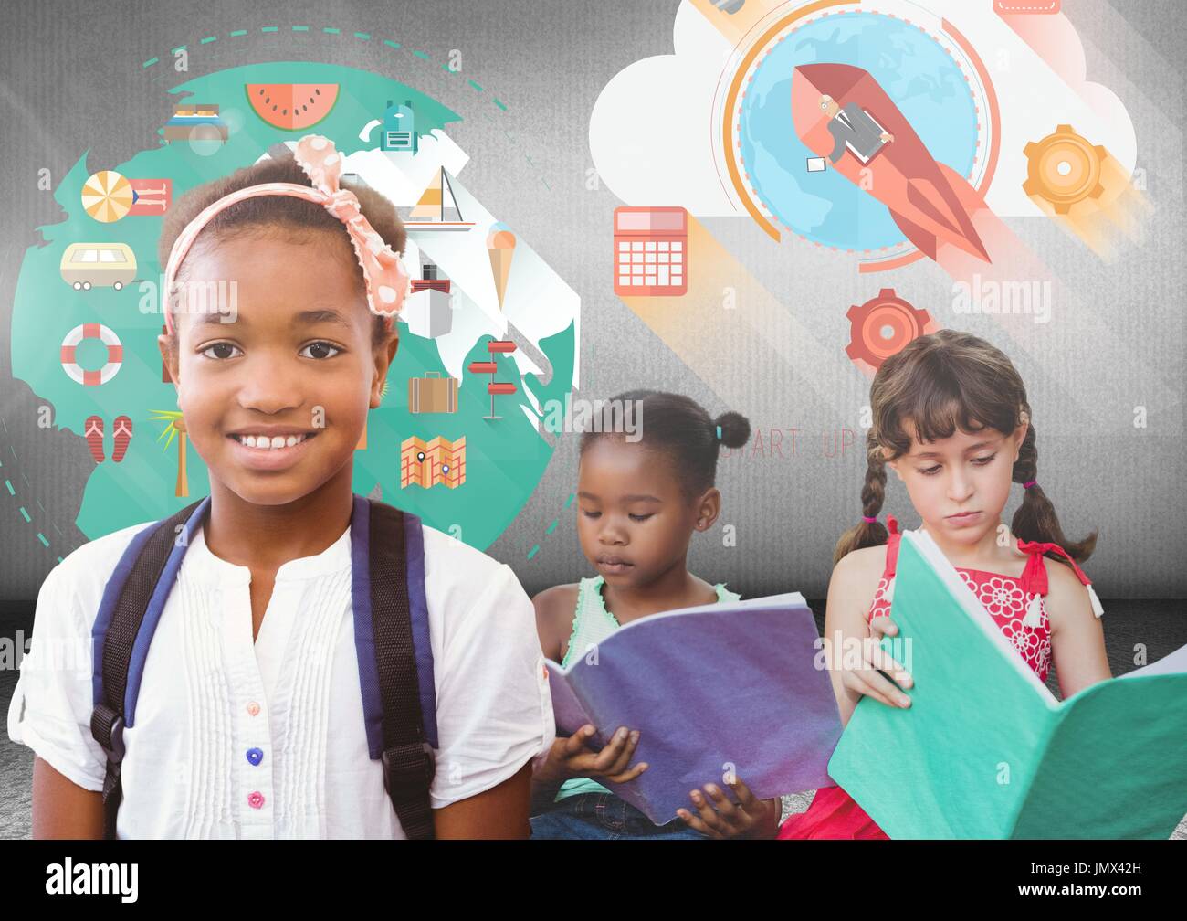 Digital composite of Kids reading books in front of grey room with ...