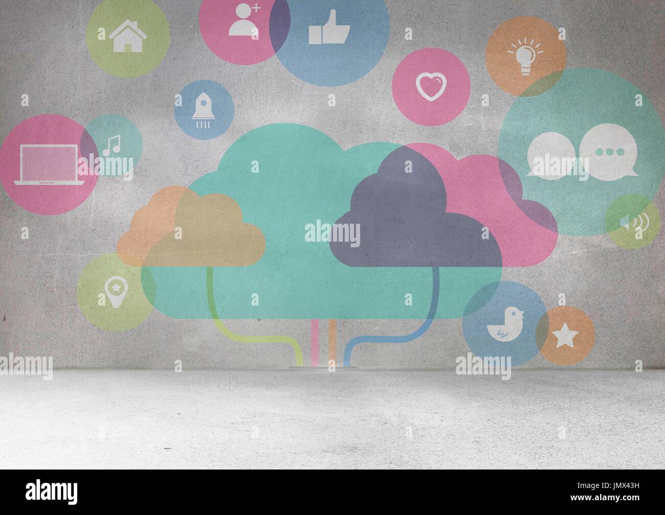 Digital composite of app graphics with grey background room Stock Photo ...