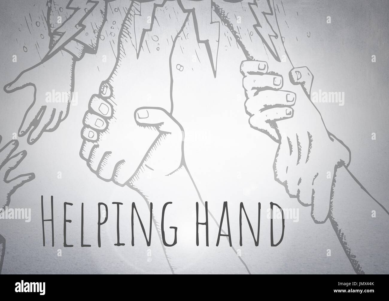 Digital composite of Helping hand reaching graphic drawings with bright ...