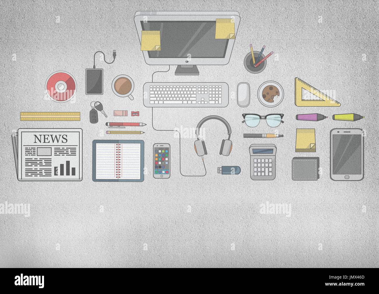 Digital composite of office desk graphics with grey background Stock ...