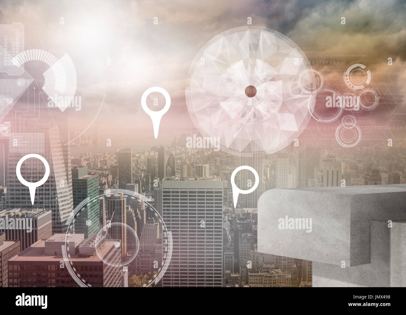 Digital composite of City with marker location pointers and interface ...