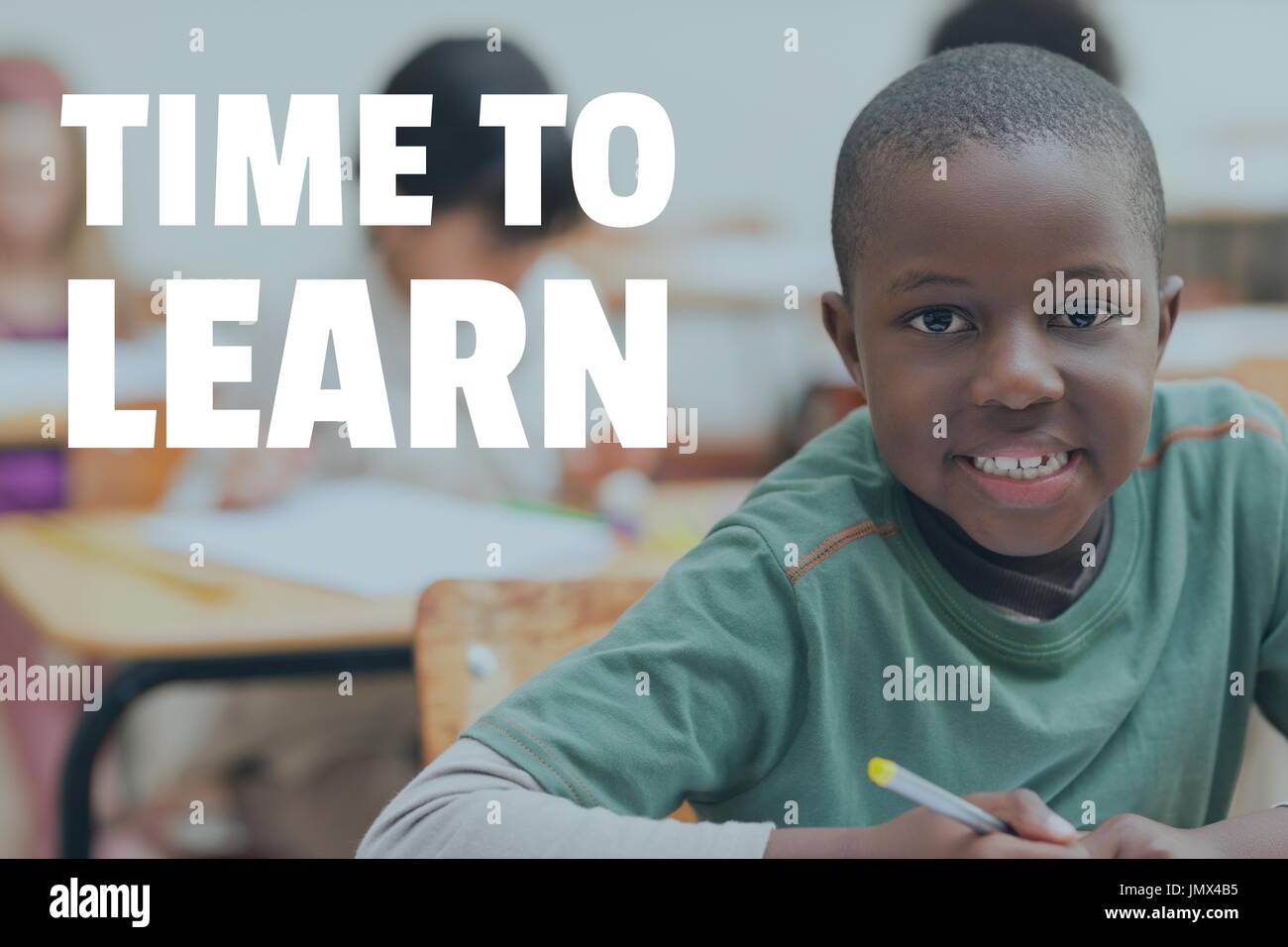 Digital composite of Education and time to learn text and happy boy ...