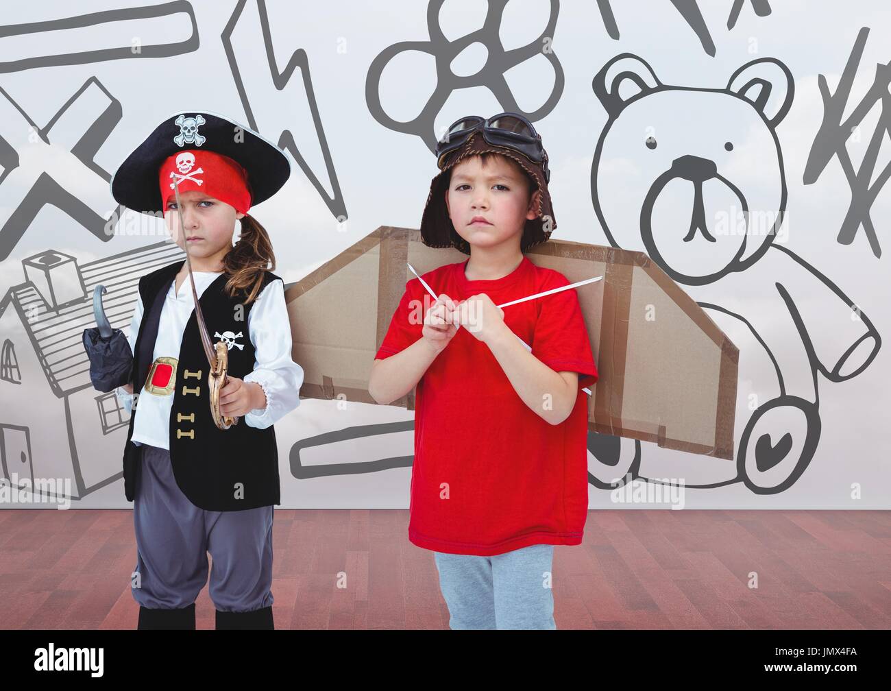 Digital composite of Pirate girl and pilot boy in room with kids ...