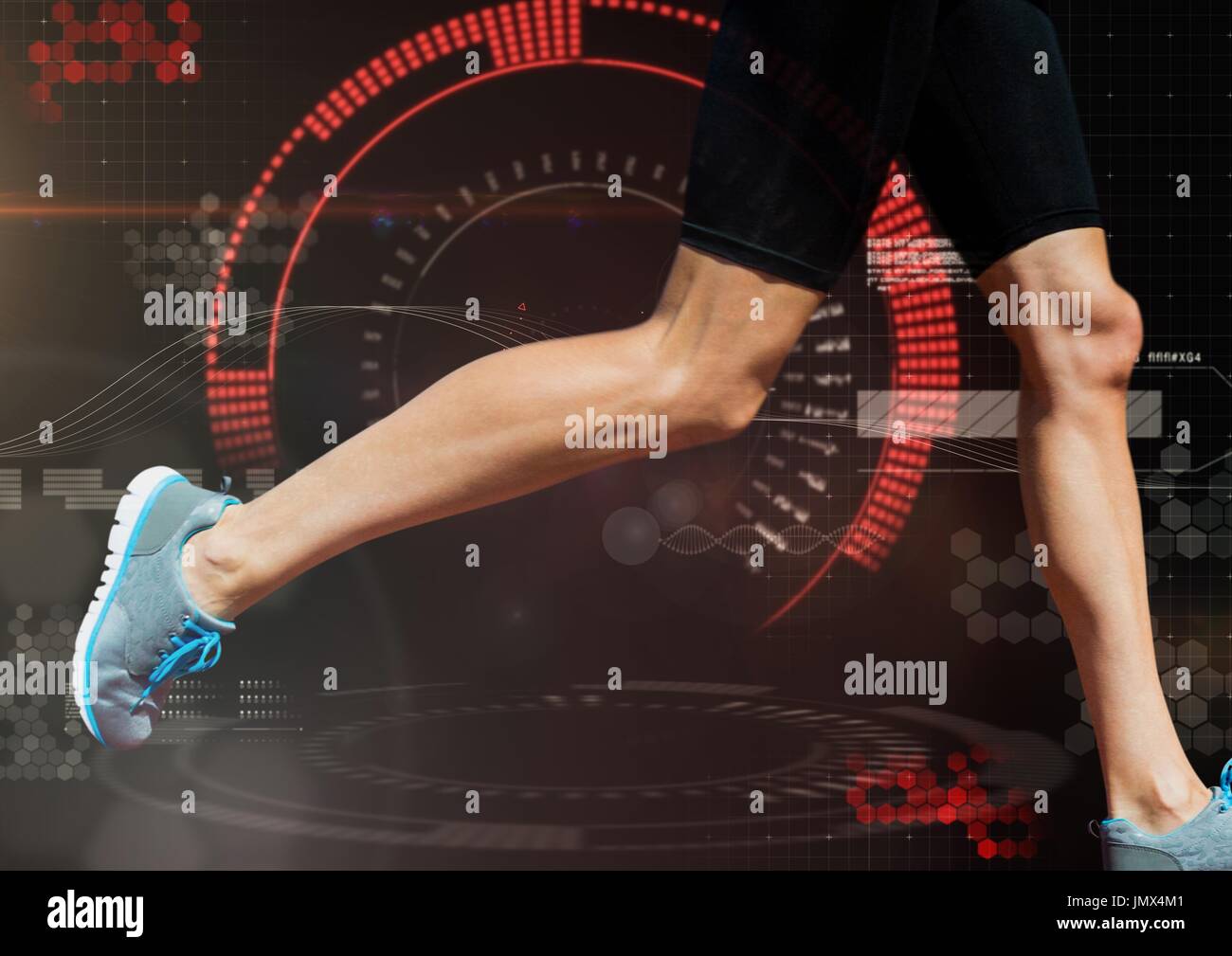 Digital composite of Athletic legs running with technology user ...