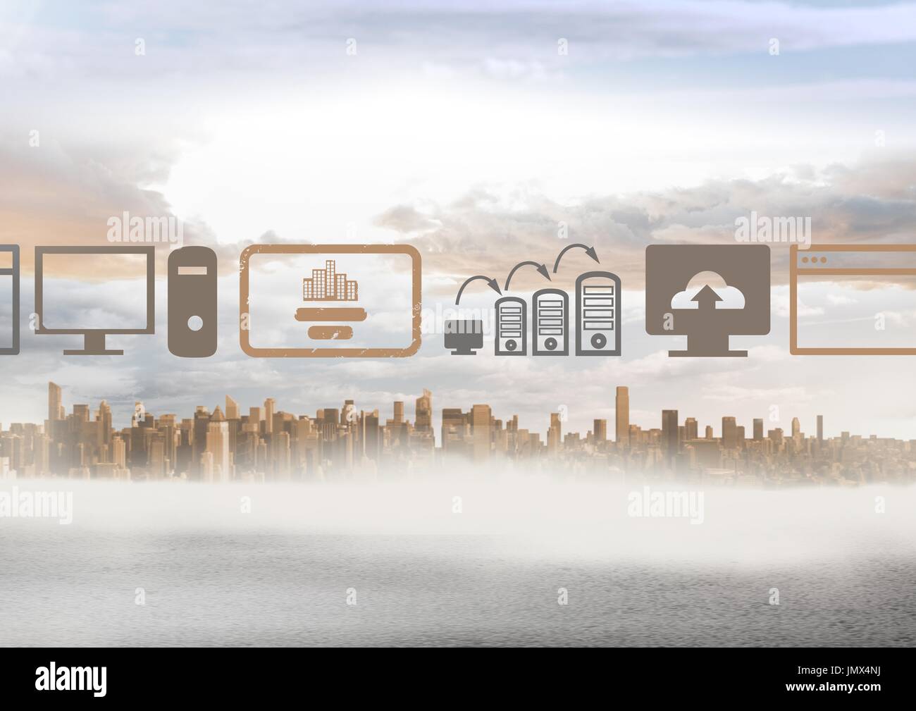 Digital composite of Computer icons over city landscape Stock Photo - Alamy
