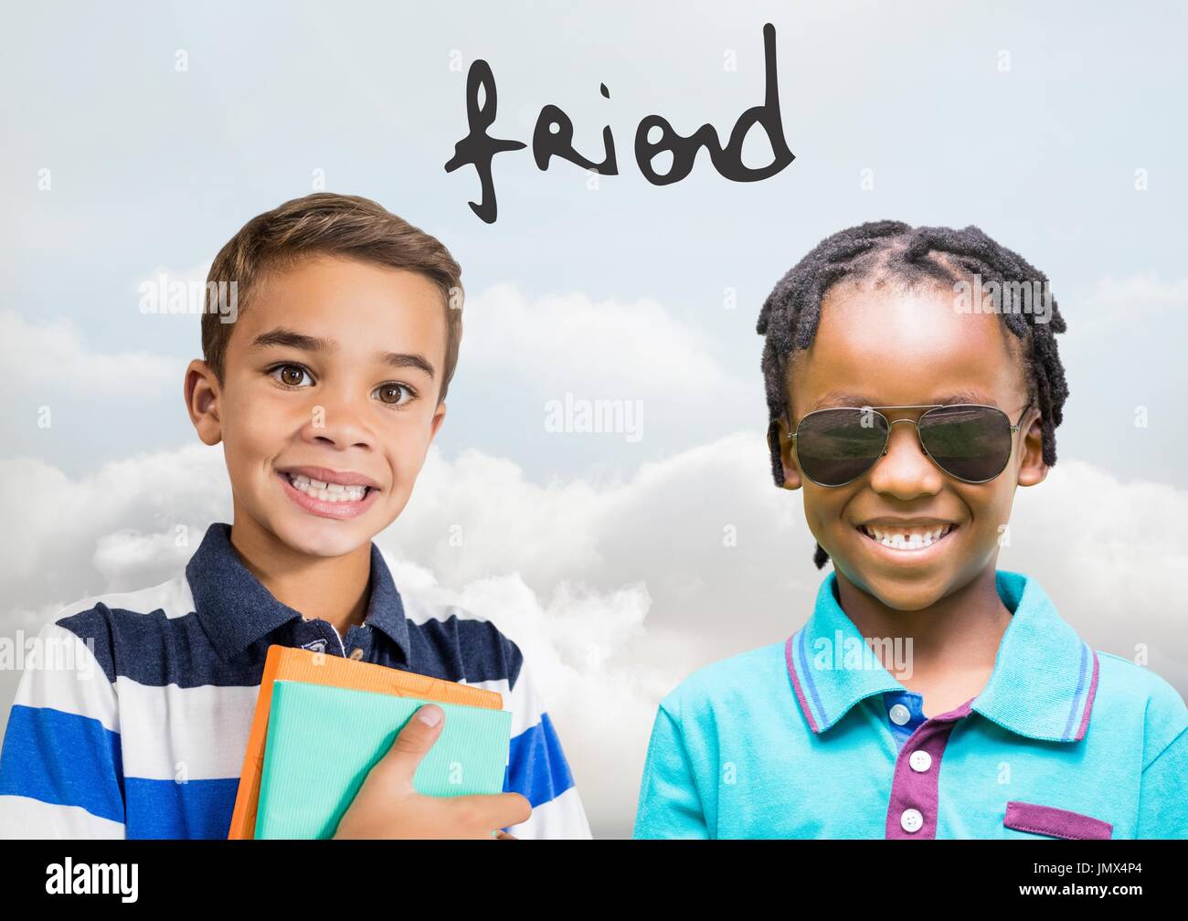 Digital composite of Friend text with Happy kids with blank background ...