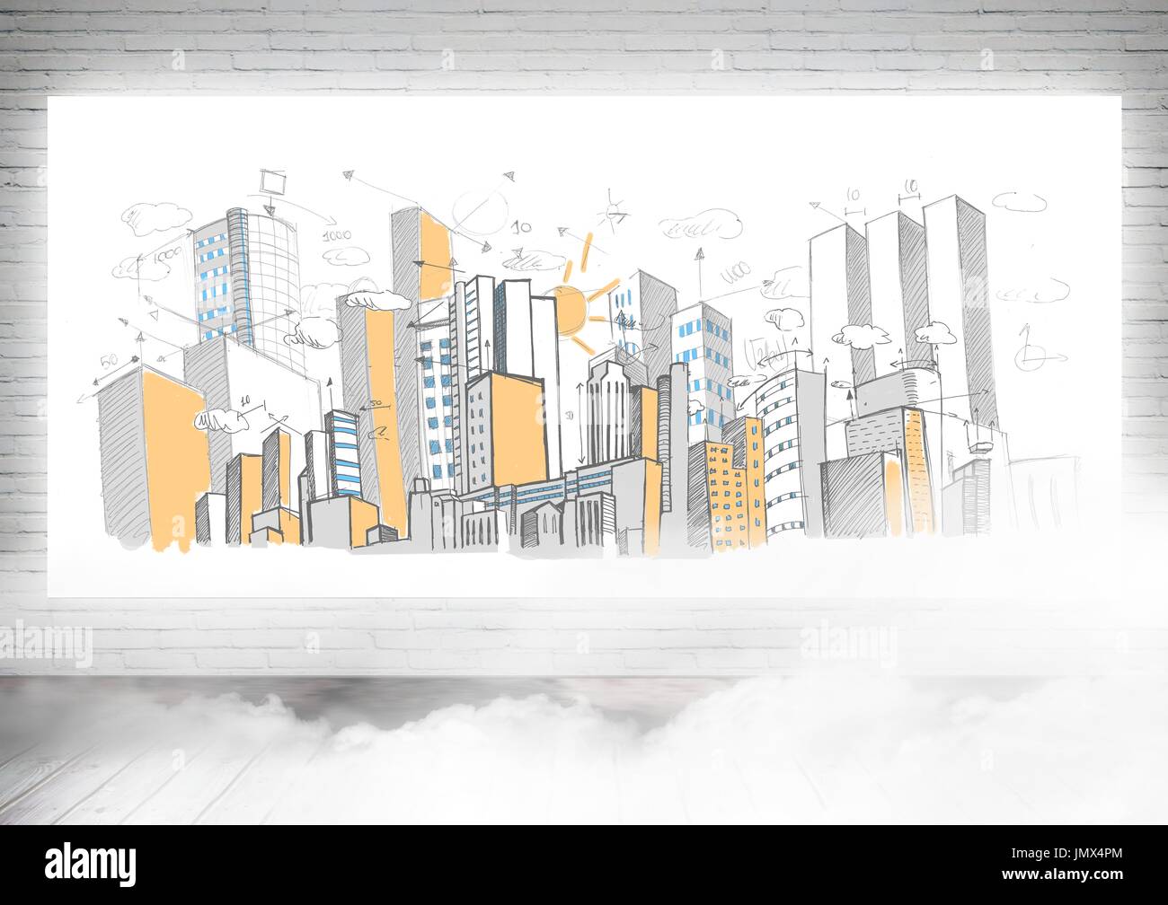 Digital composite of city drawing on screen Stock Photo - Alamy