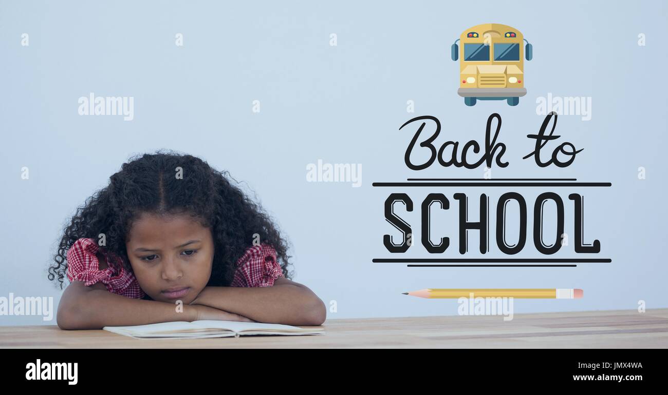 Digital composite of Back to school illustration against sad office kid ...