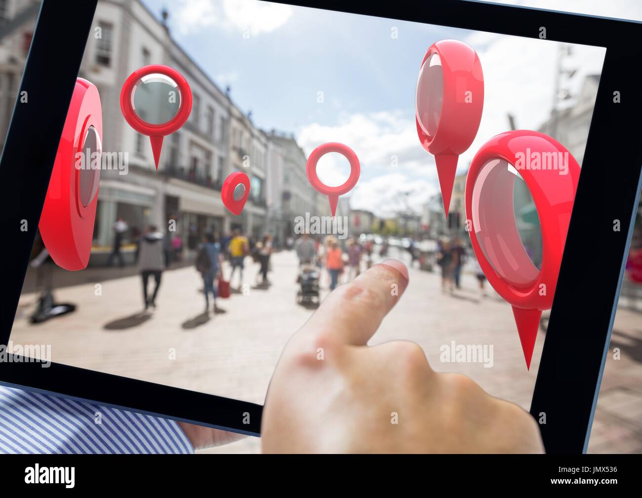 Digital composite of Holding tablet and Location pointer markers in ...