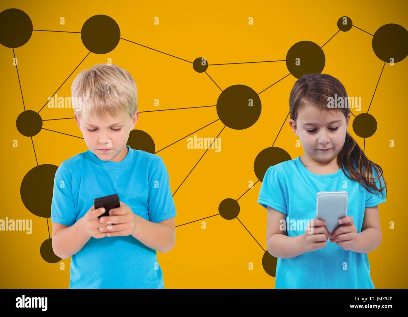 Digital composite of Texting kids with blank yellow background with ...