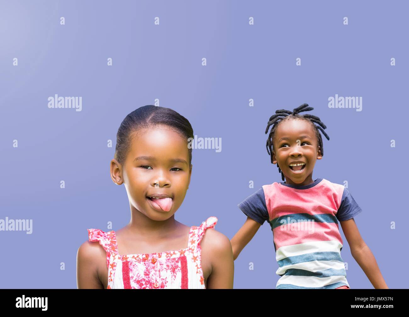 Digital composite of kids fooling around playing with blank purple ...