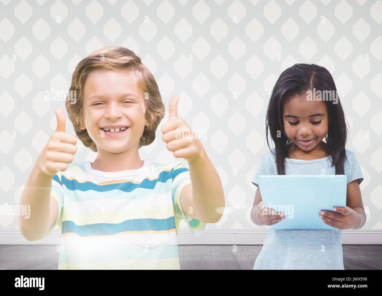 Digital composite of kids holding tablet with room background Stock ...