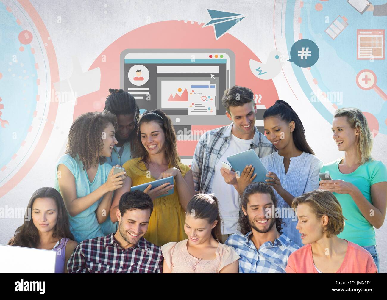 Digital composite of Group of students reading in front of social media ...