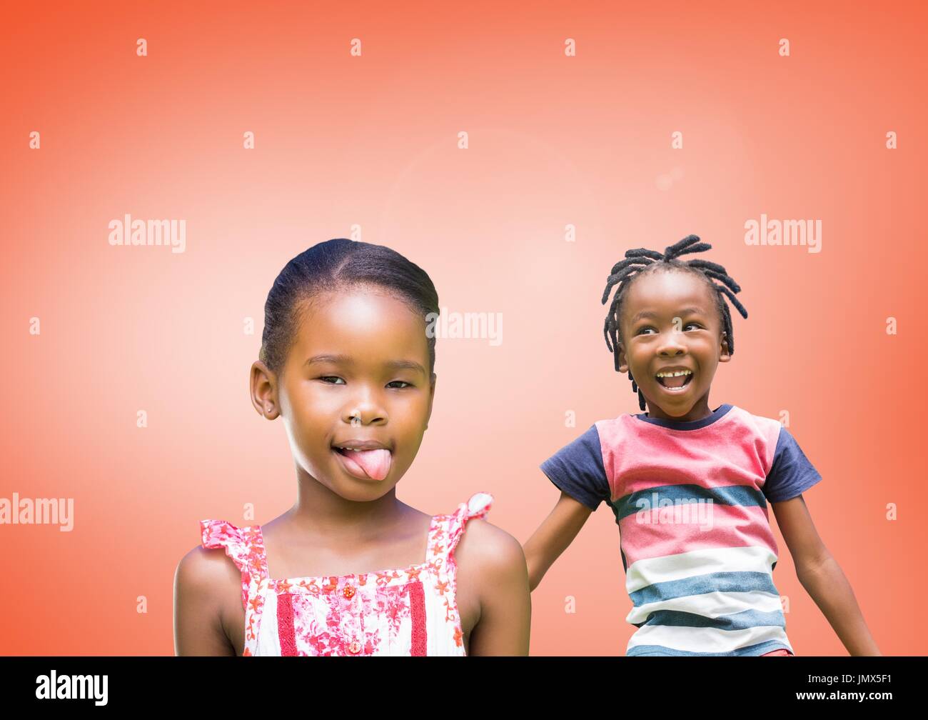 Digital composite of kids fooling around playing with blank orange ...