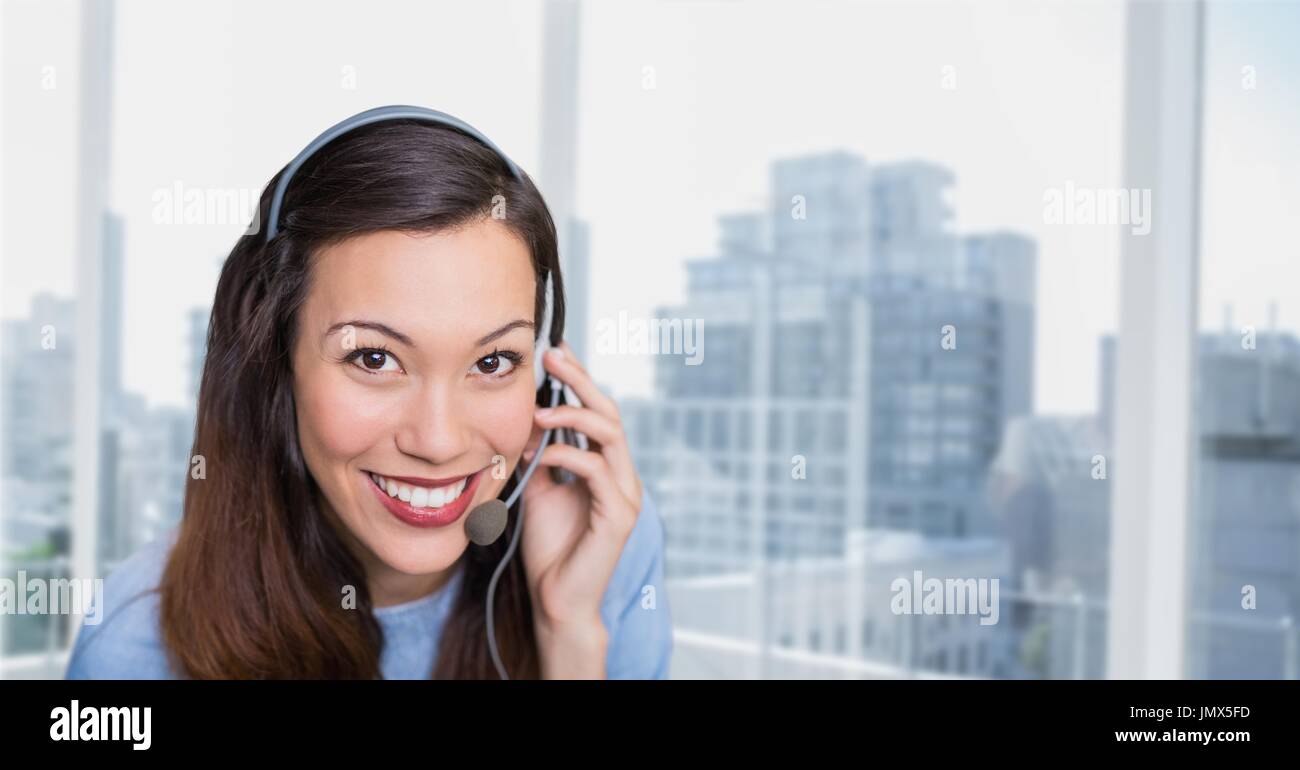 Digital composite of Happy customer care representative woman against ...