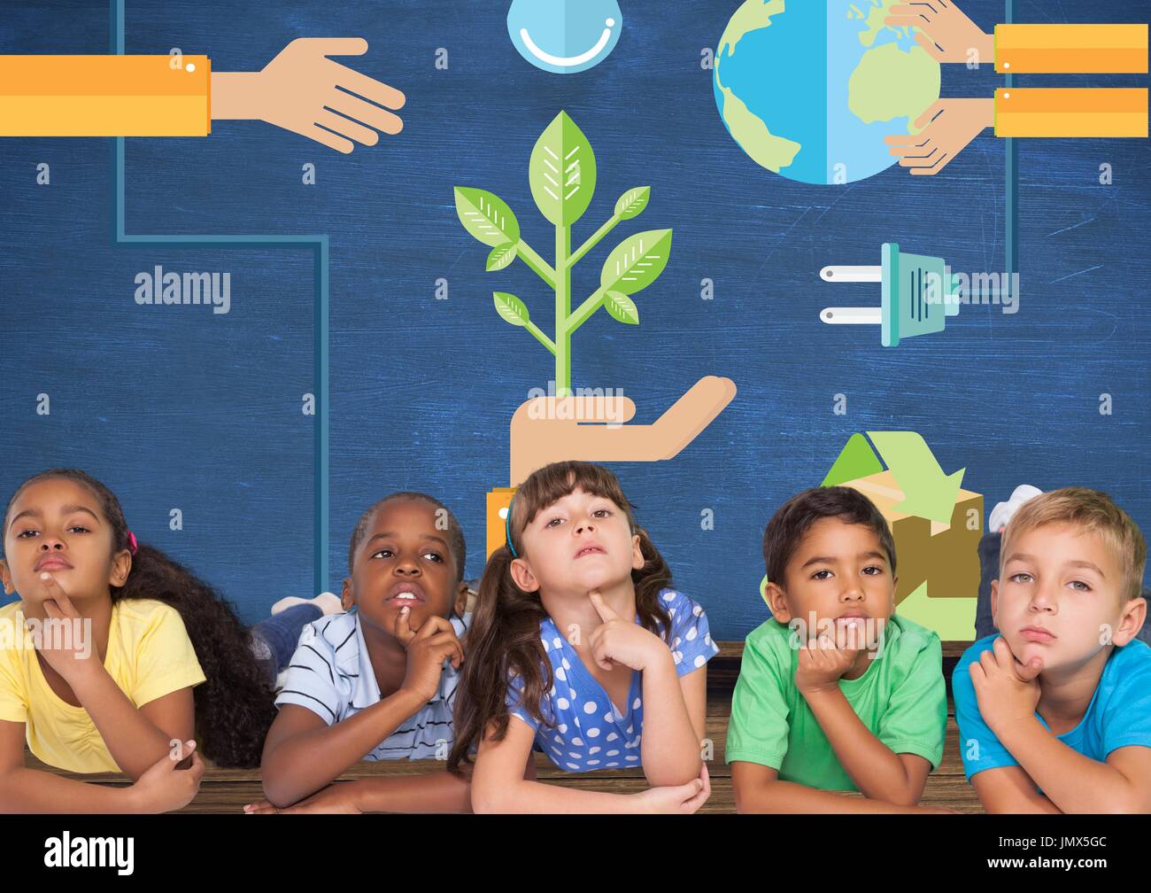 Digital composite of Kids thinking together and blue wall with ...