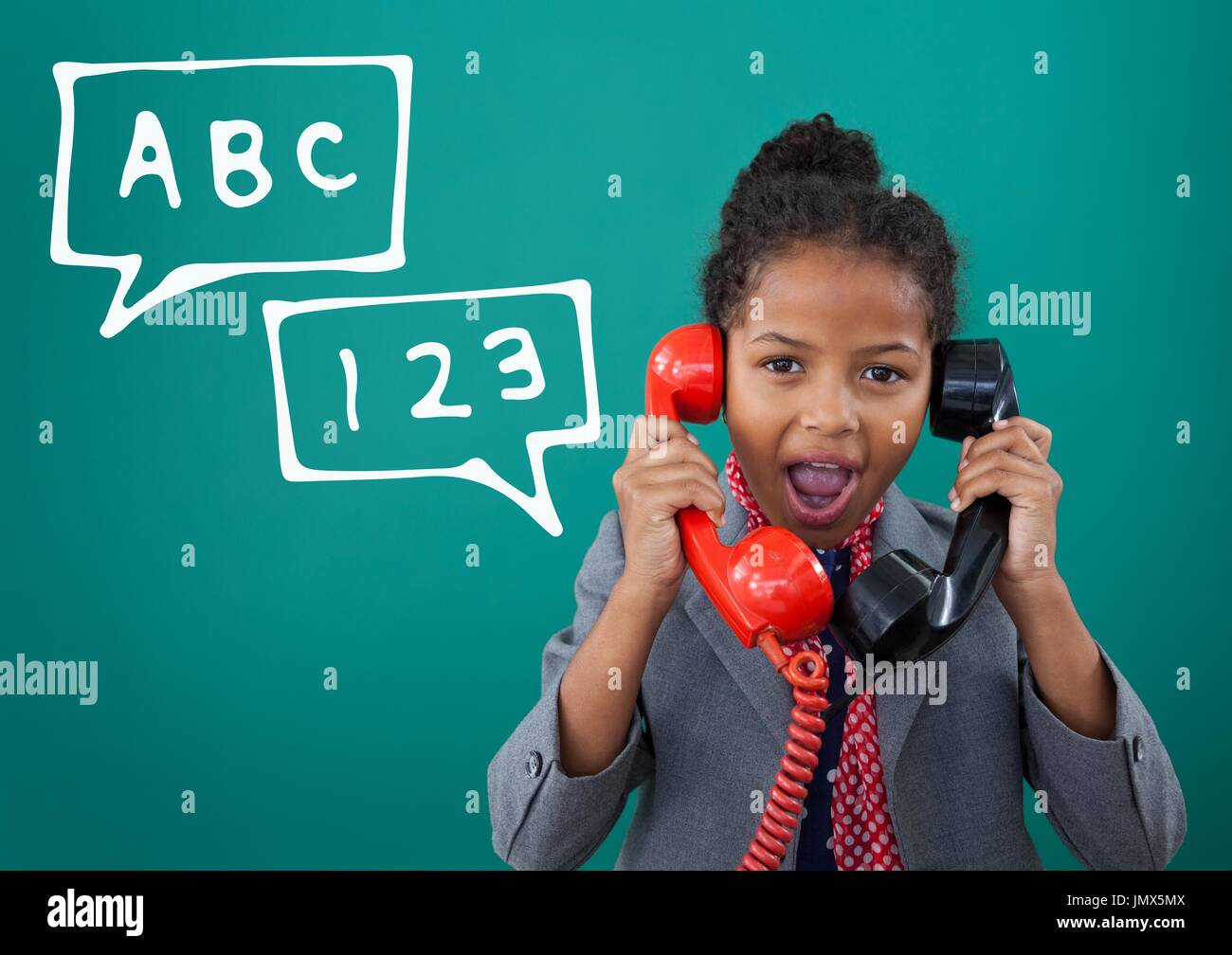Digital composite of Surprised office kid girl talking on the phone ...