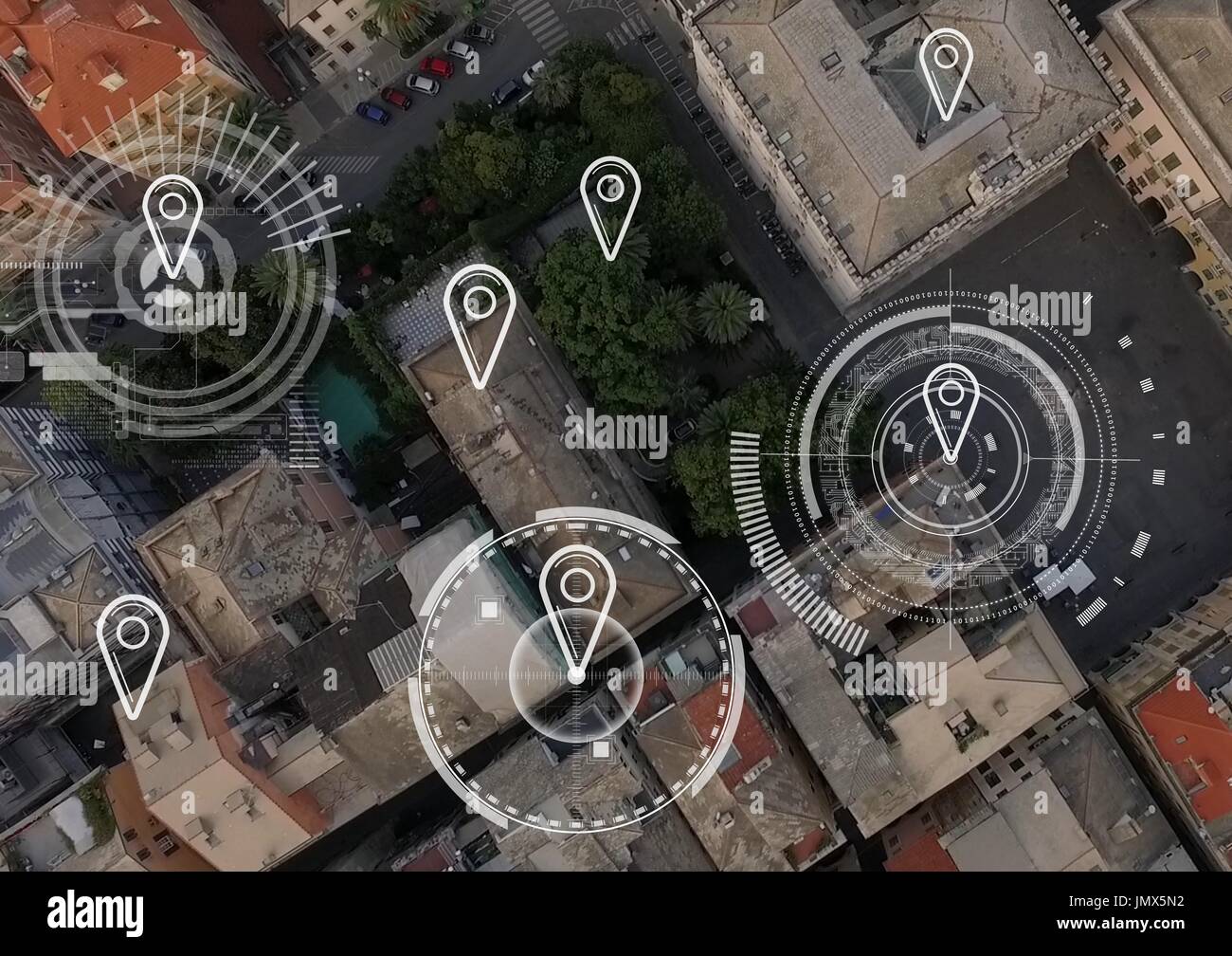 Digital composite of City aerial view with marker location pointers ...