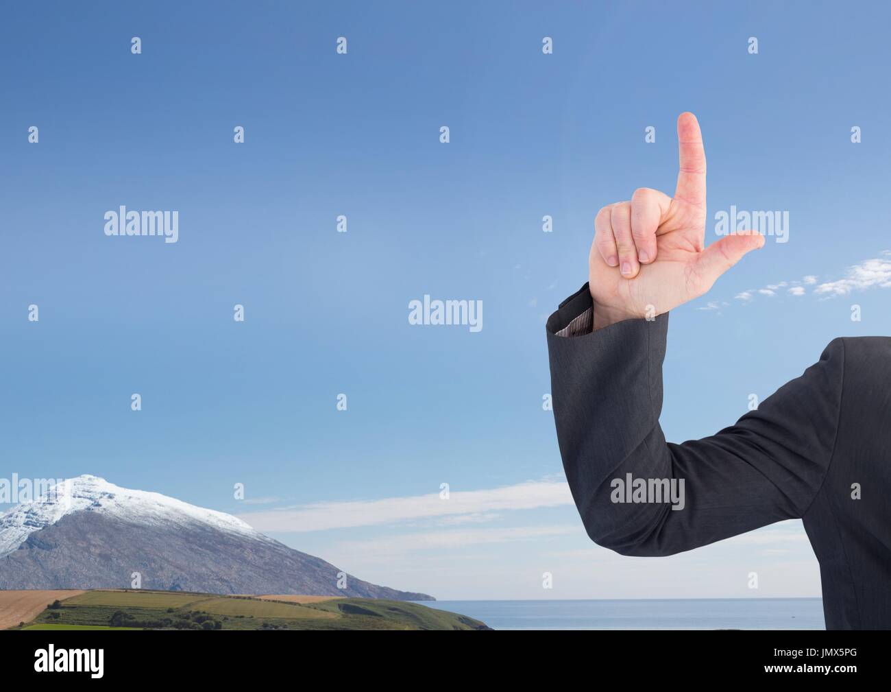 Digital composite of Arm pointing up into sky Stock Photo - Alamy