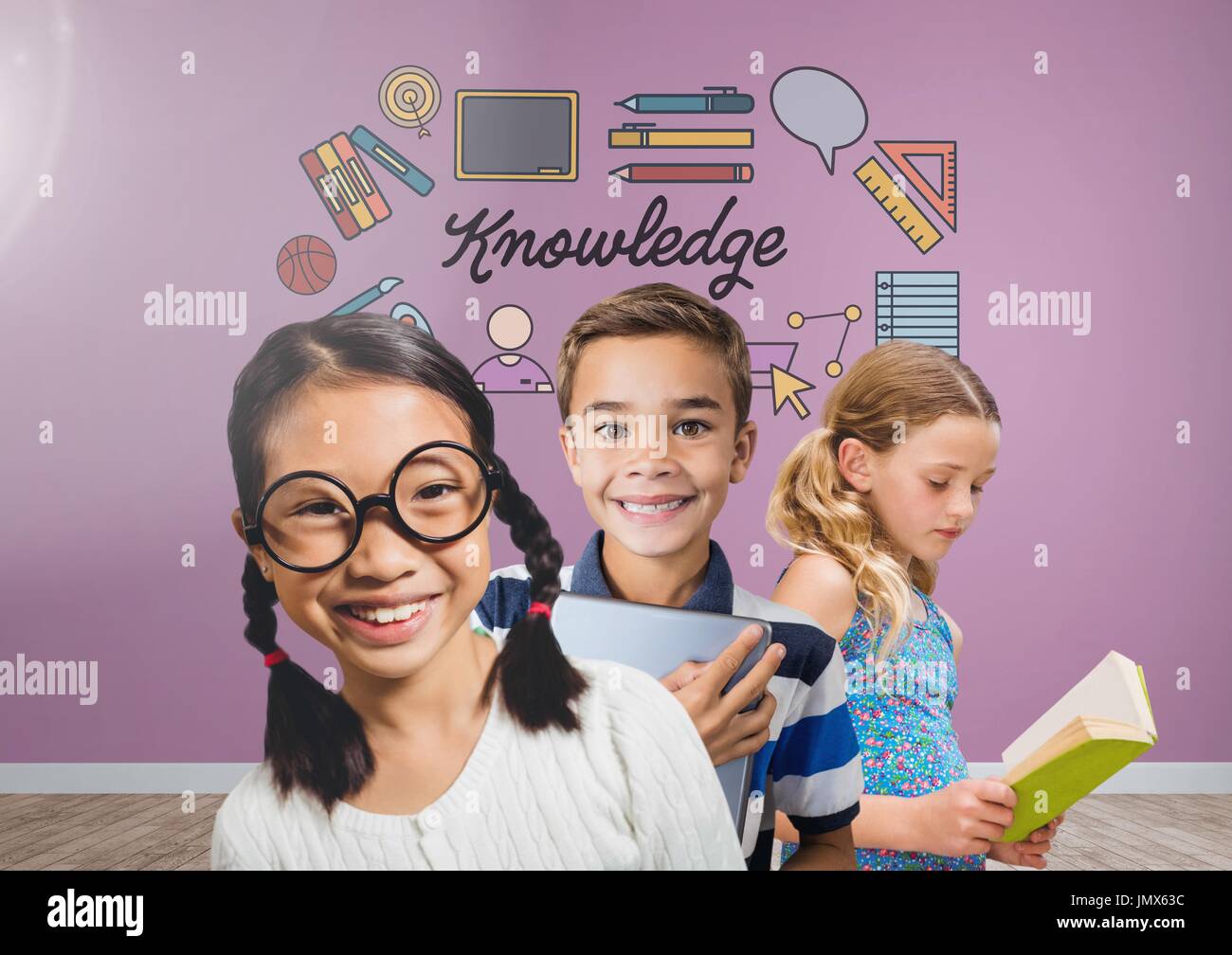 Digital composite of Clever kids with blank room background with ...