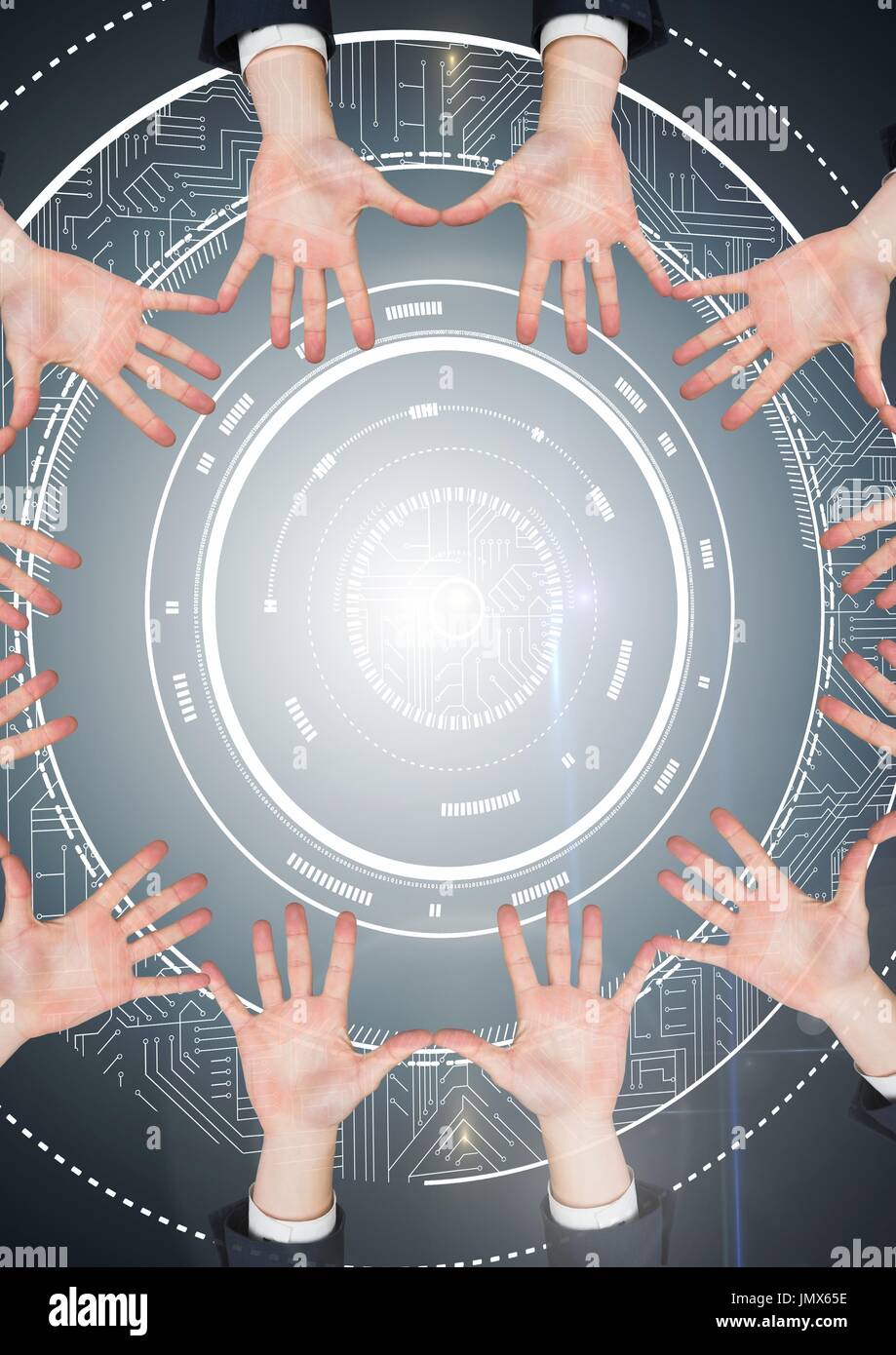 Digital composite of Hands in circle around technology user interface ...