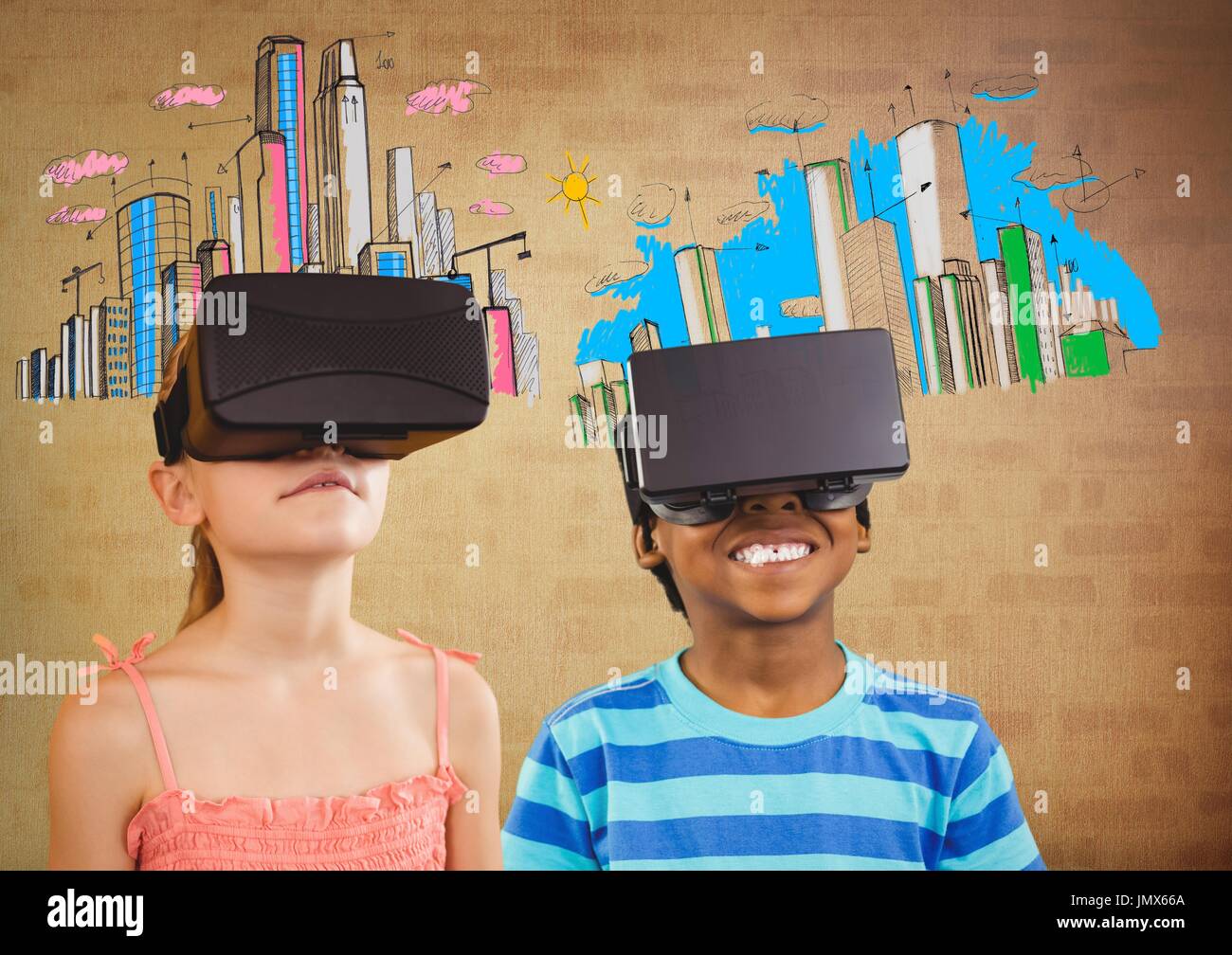 Digital composite of kids wearing VR headsets with brick background and ...