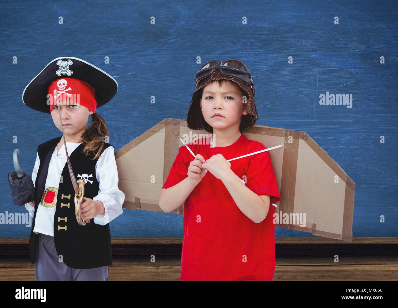 Digital composite of Pirate girl and pilot boy in front of blue wall ...