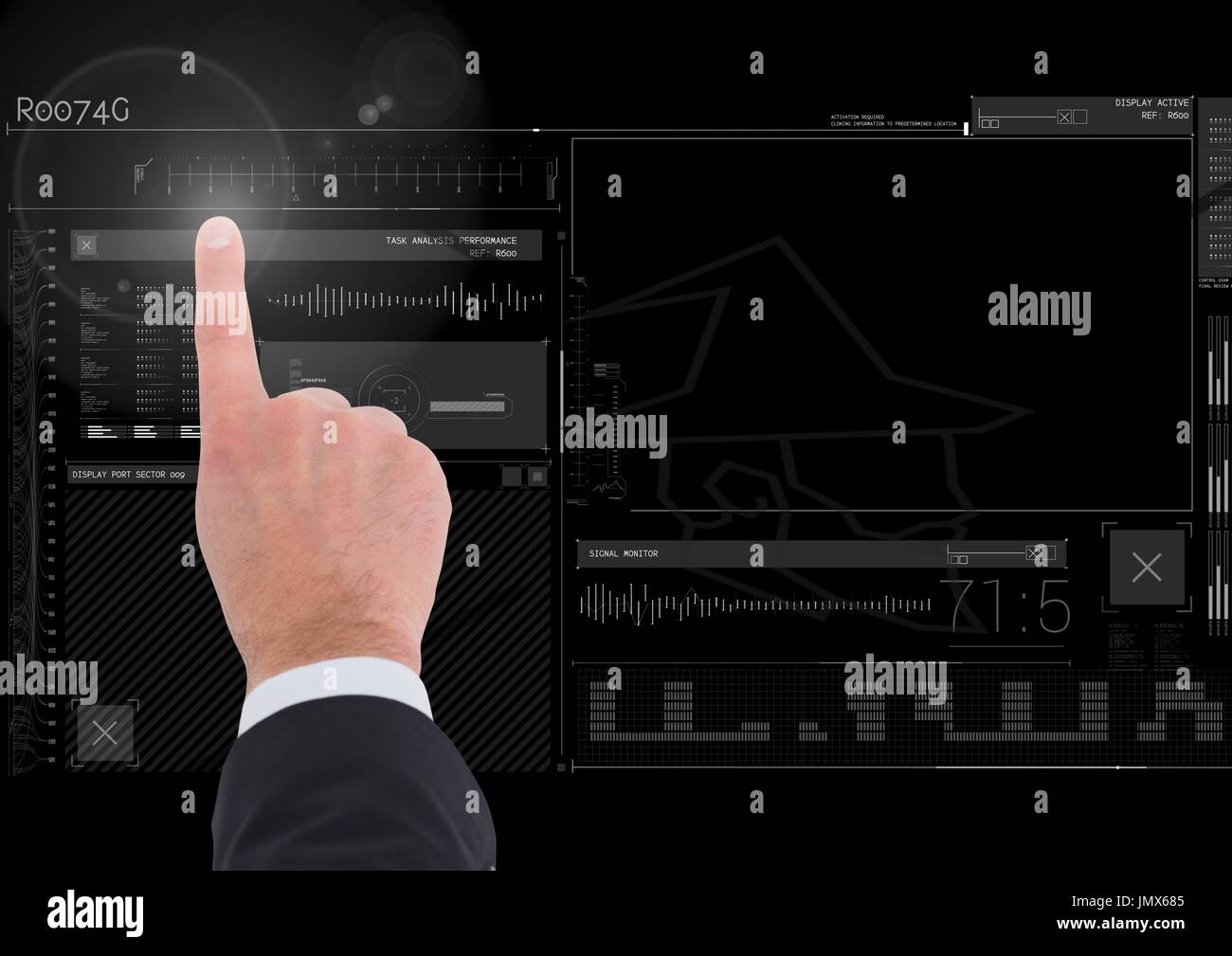 Digital composite of Hand touching user interface technology graphics ...