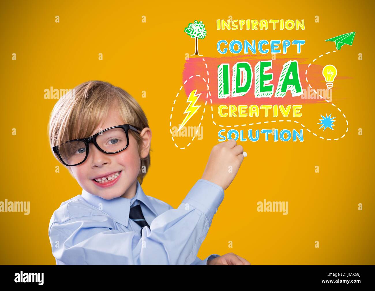 Digital composite of Boy writing in front of yellow blank background ...