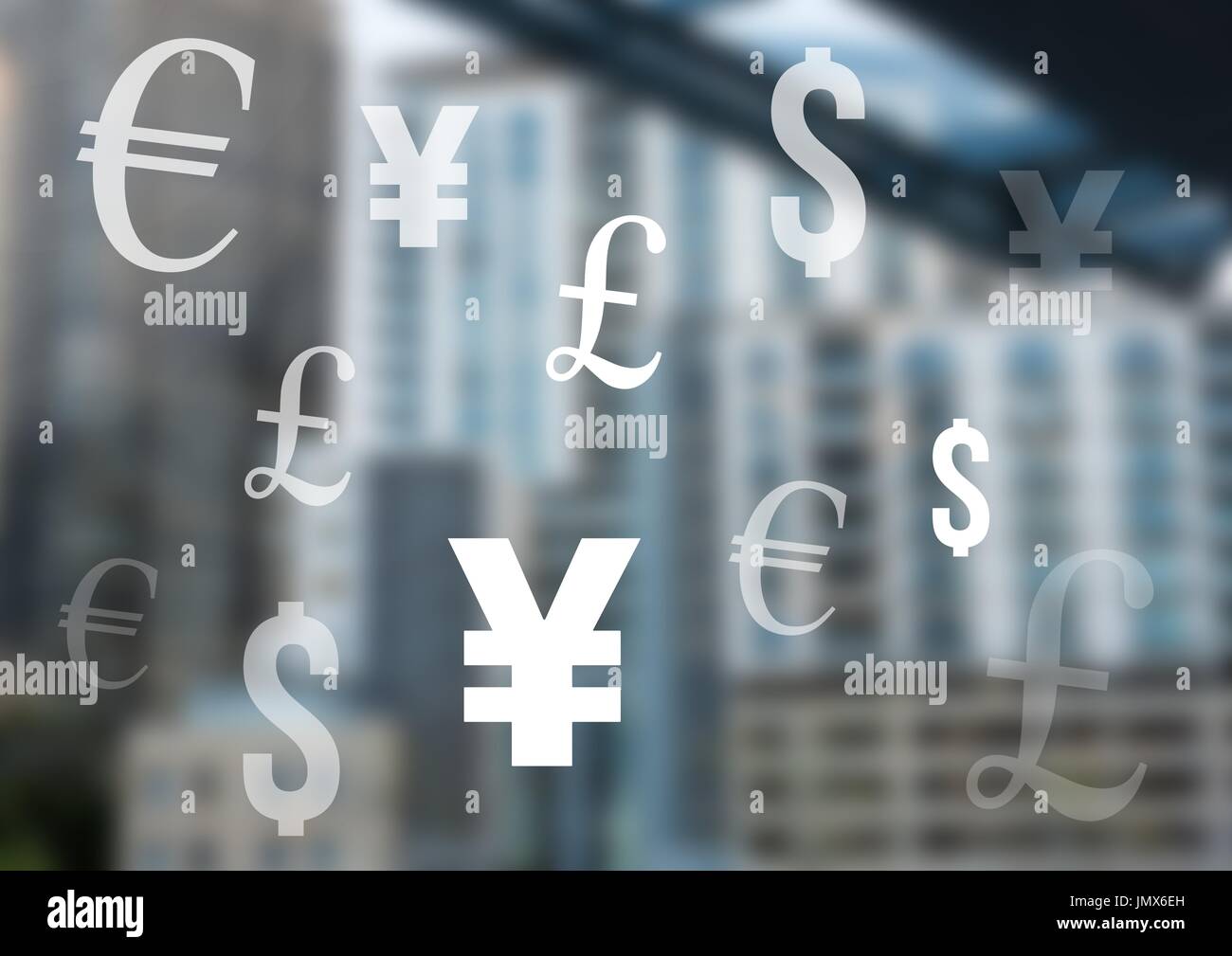 Digital composite of Mixed Currency icons over city Stock Photo - Alamy