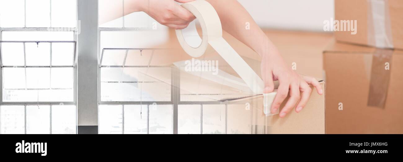 Digital composite of Woman closing boxes to move to her new house Stock ...