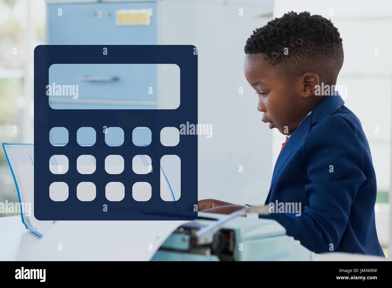 Digital composite of Calculator icon against office kid boy background ...