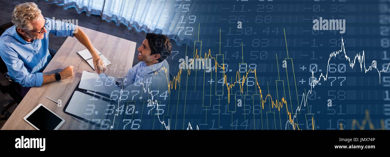 Digital composite of Overhead of business meeting with blue finance ...