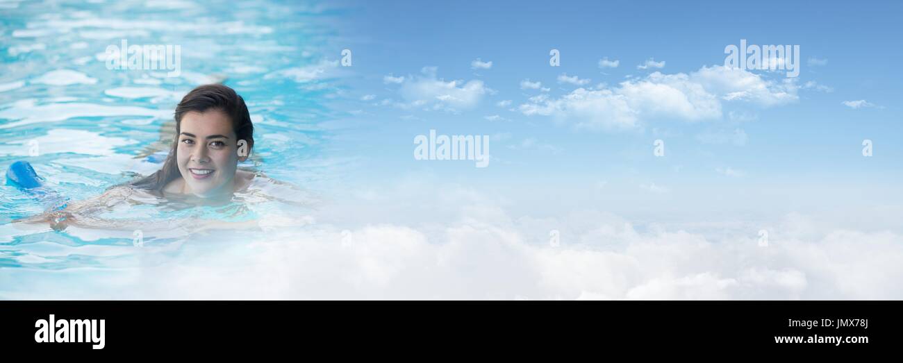 Digital composite of Woman in Swimming pool with sky transition Stock ...