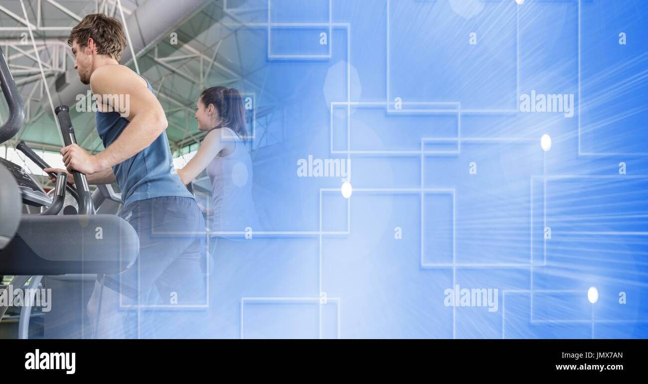 Digital composite of People on cross trainers with blue smart tech ...