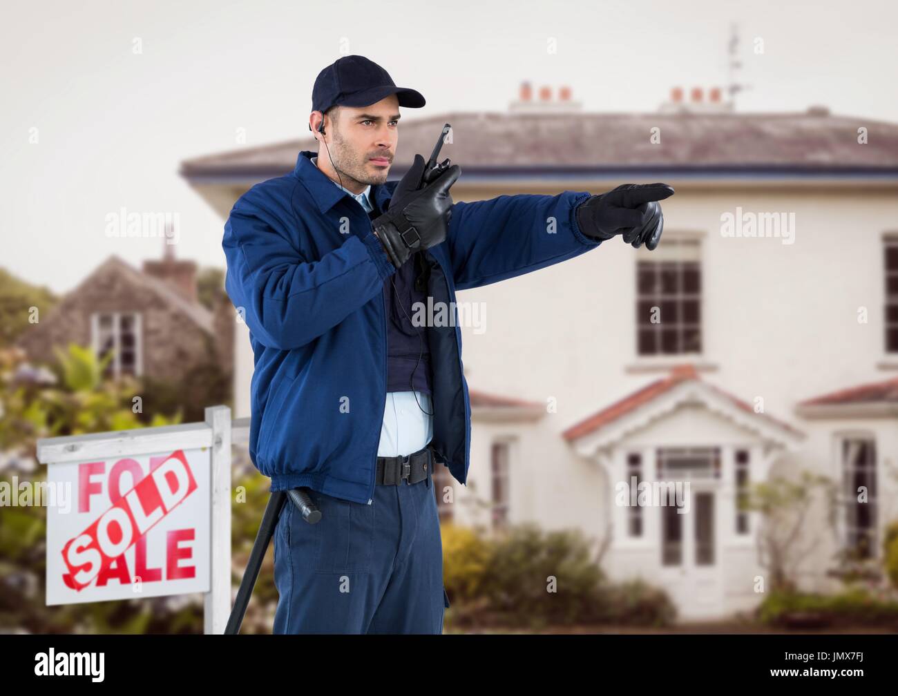 Digital composite of Security guard talking on walkie talkie and ...