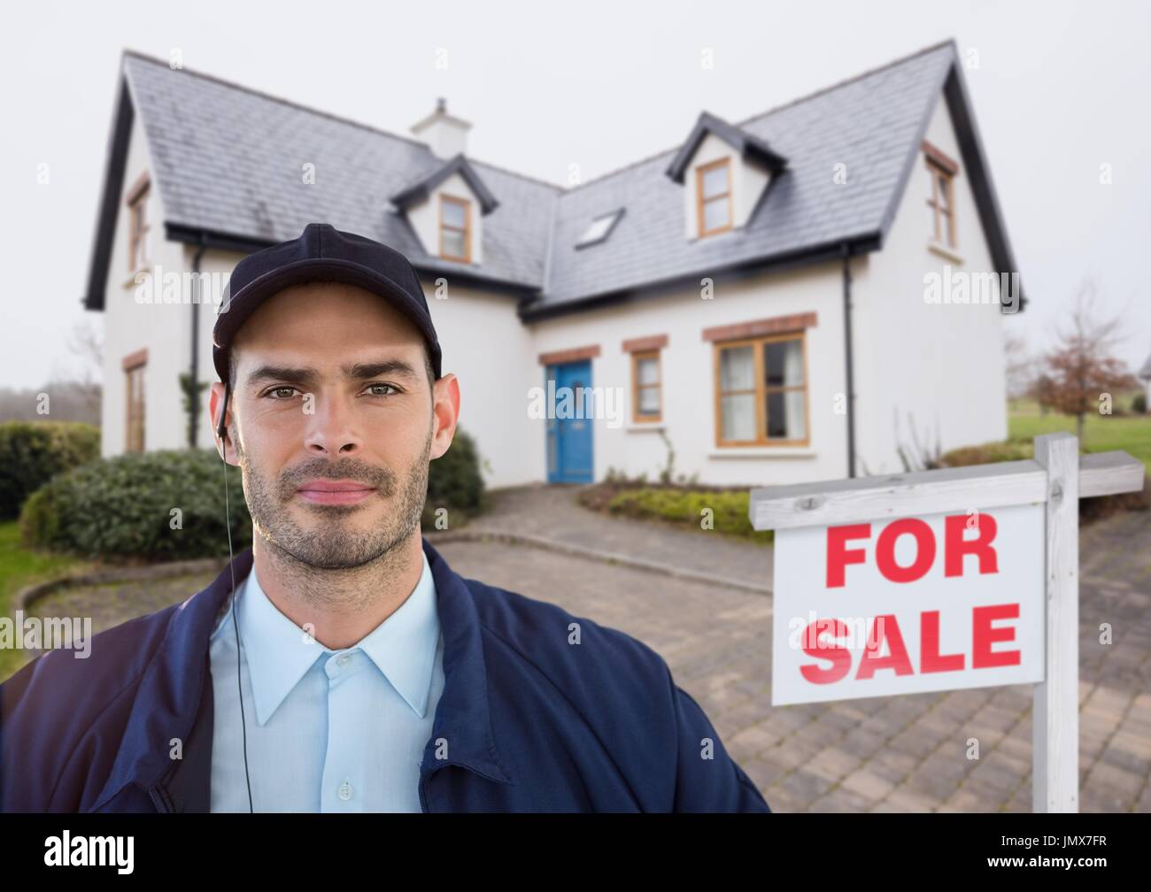 Digital composite of Portrait of security guard standing against house ...