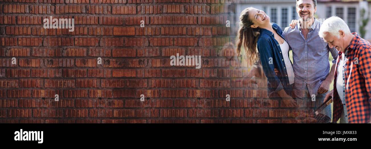 Digital composite of Family laughing next to bbq with red brick ...