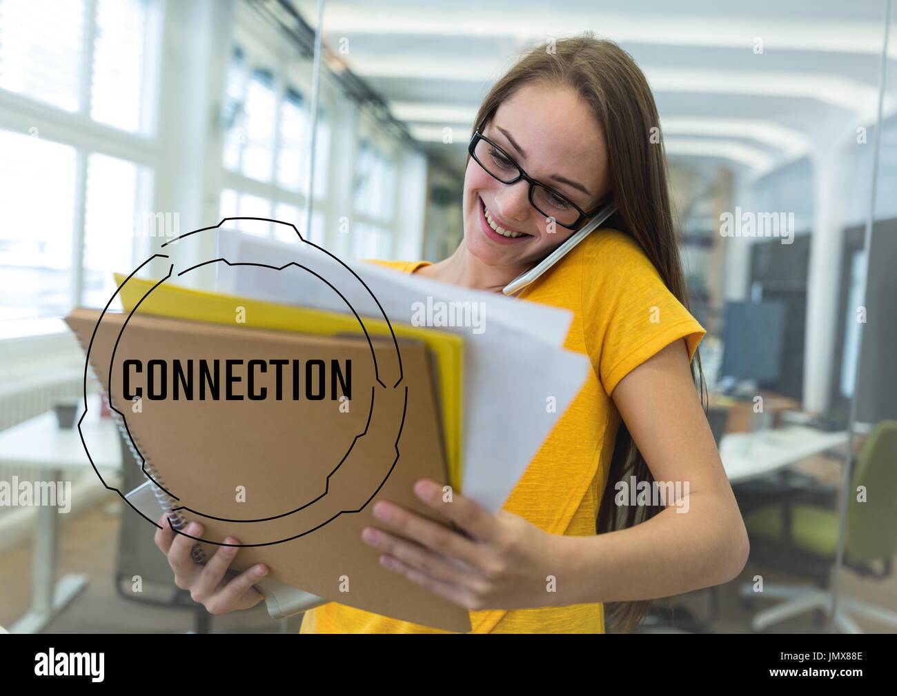 Digital composite of Black connection text and graphic against woman on ...