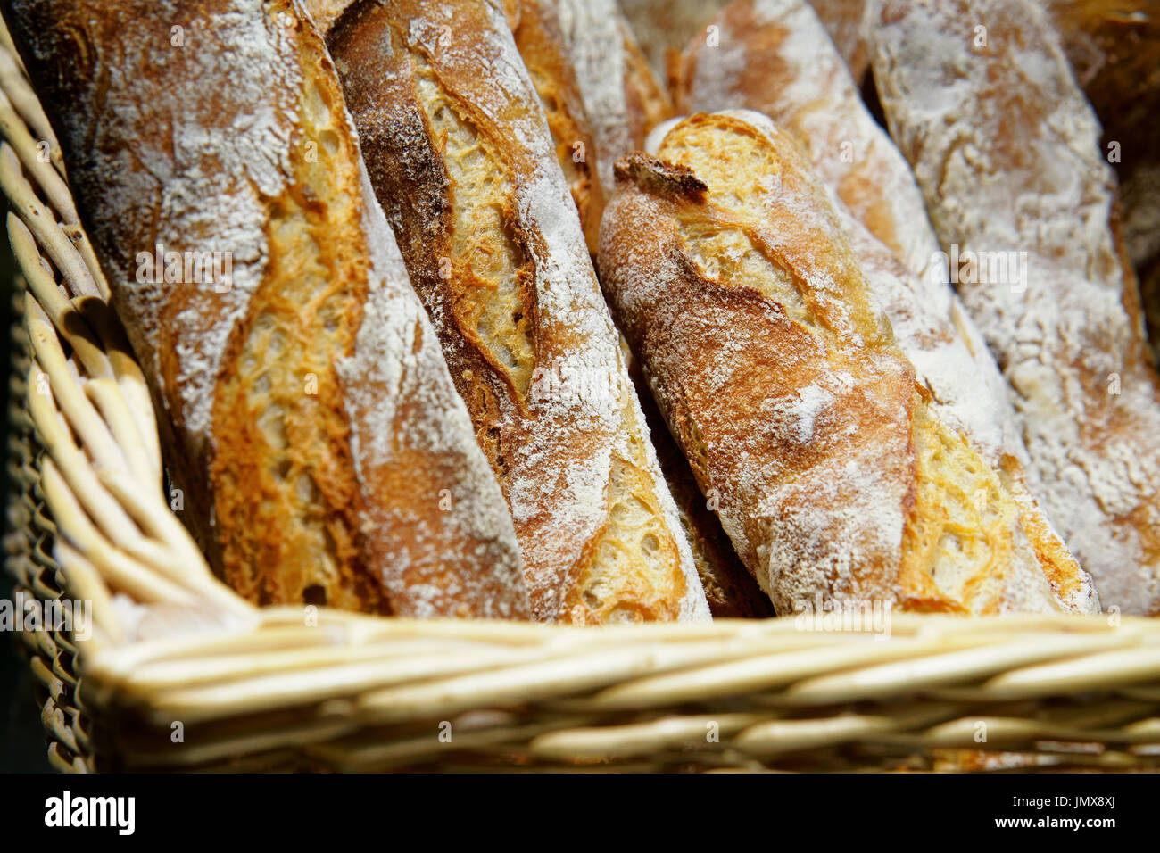 Traditional Italian bread in basket at the market at Florence, Tuscany ...