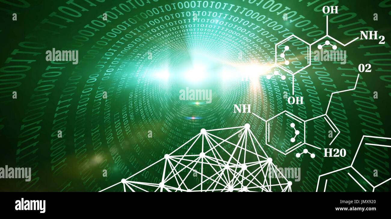 Chemical structure against white background against spiral of shiny binary code Stock Photo - Alamy