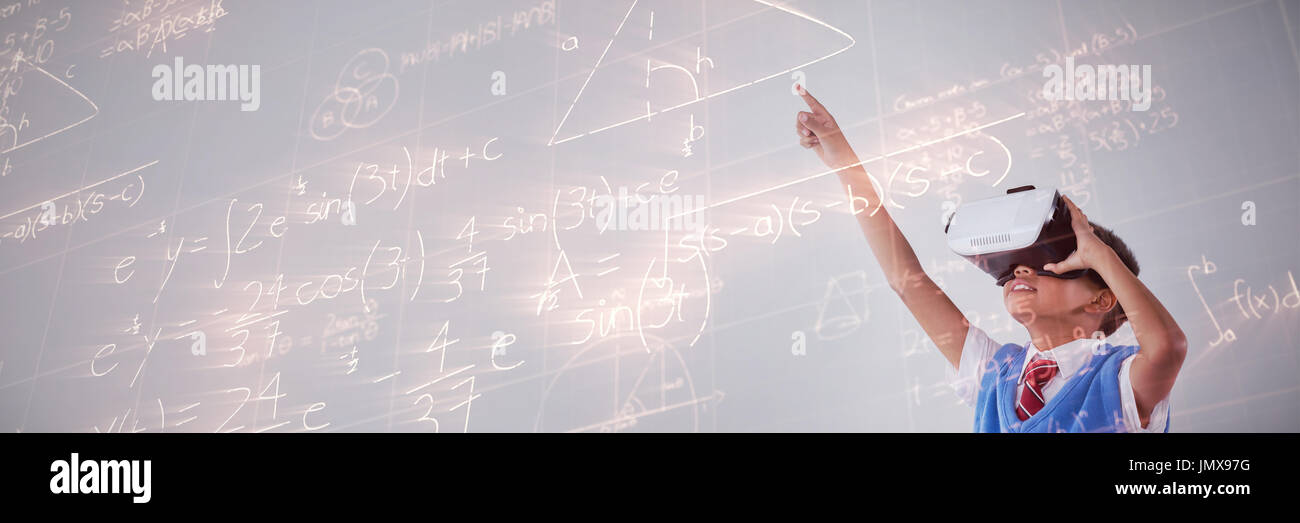 Image of geometric equations solved on blackboard against schoolboy ...