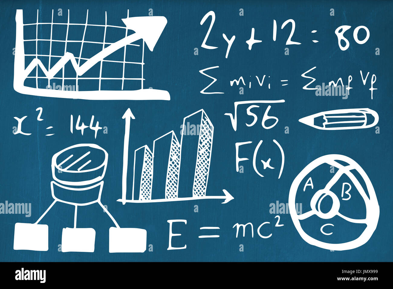 Bar graph with mathematics equations against blackboard with copy space ...