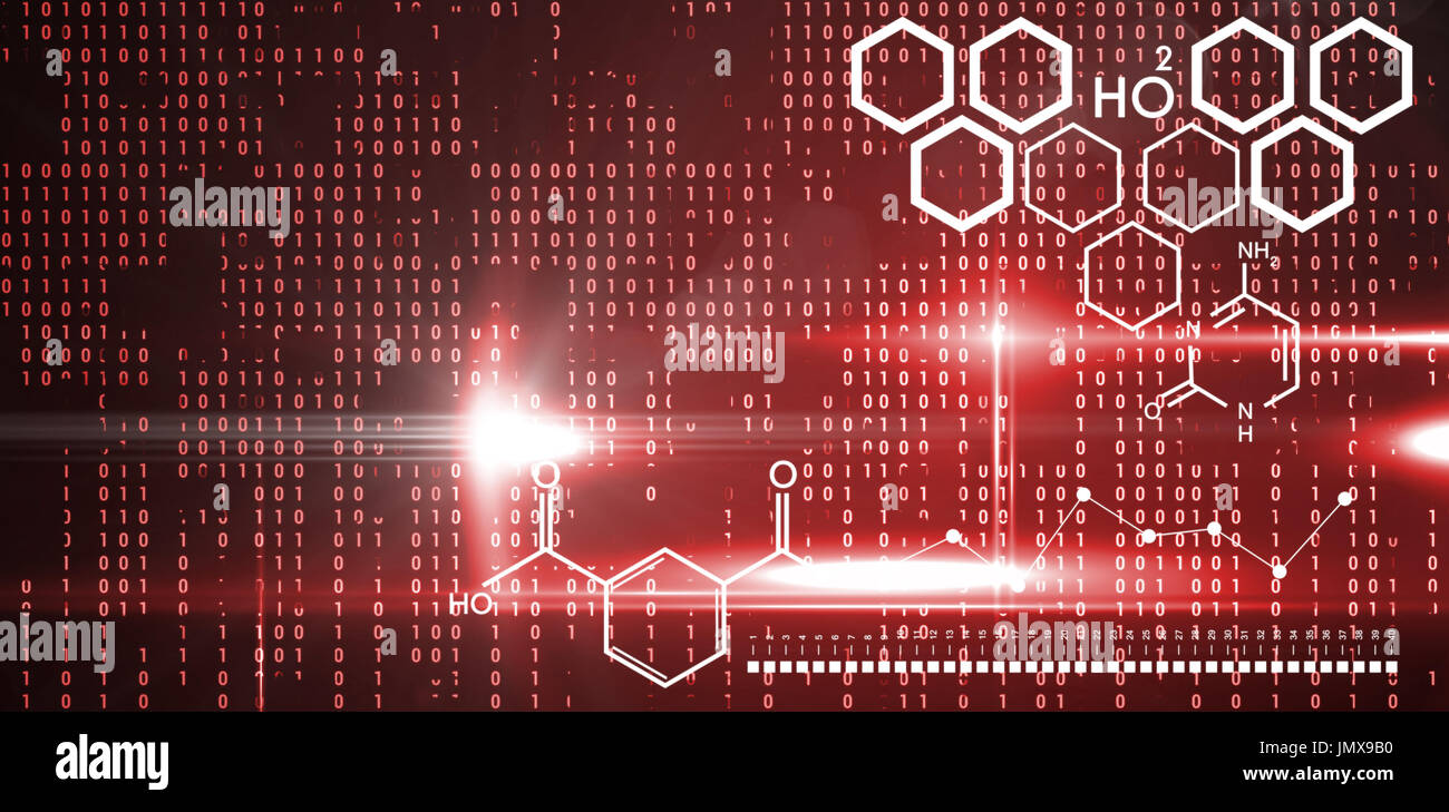 Digital image of chemical structure against blue technology interface with binary code Stock ...